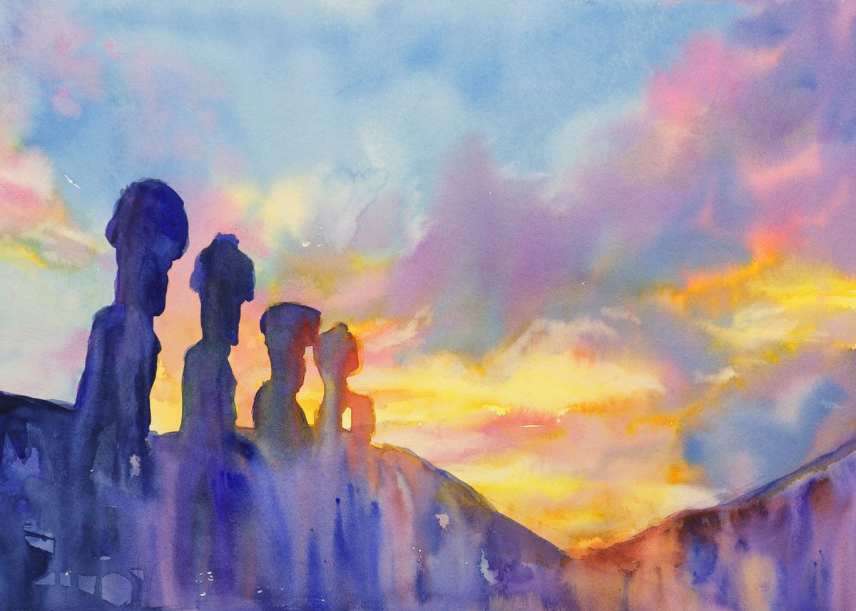 'Moai statues Chile artwork' Poster, picture, metal print, paint by ...