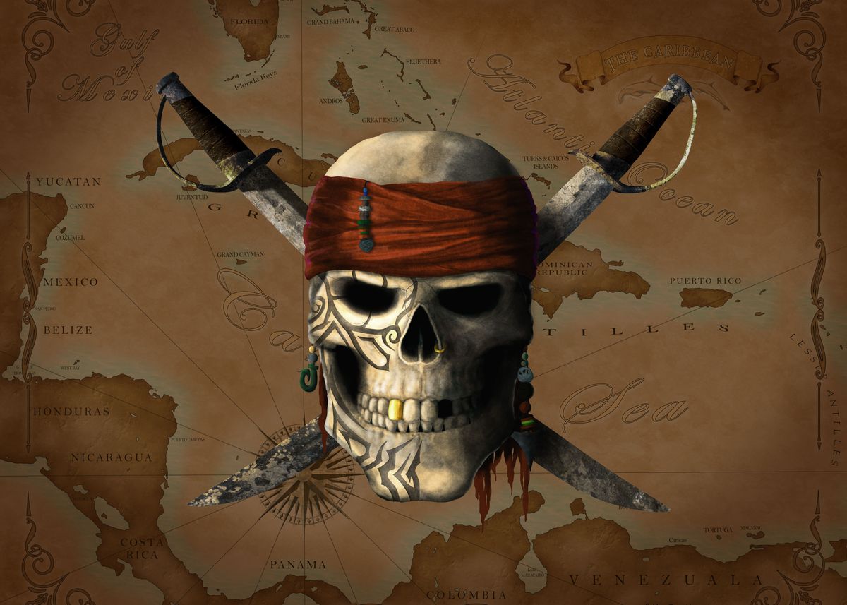 'Pirate Skull and Map' Poster, picture, metal print, paint by Chris ...