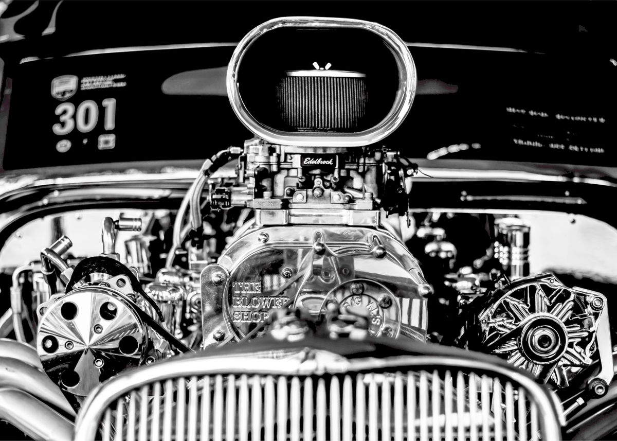 'Car Engine Black and white' Poster, picture, metal print, paint by ...
