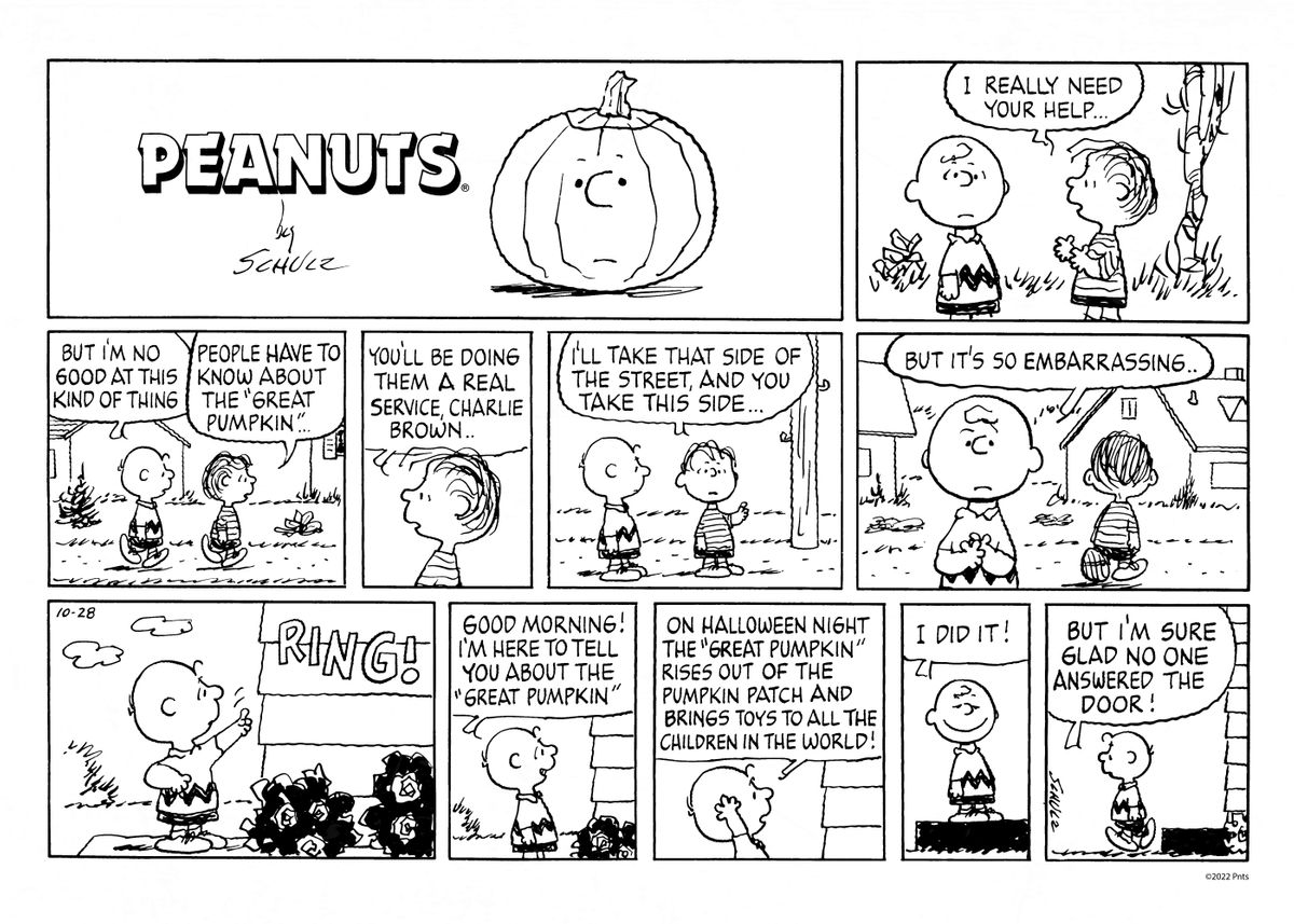 'Great Pumpkin BW Comic' Poster, picture, metal print, paint by Peanuts | Displate