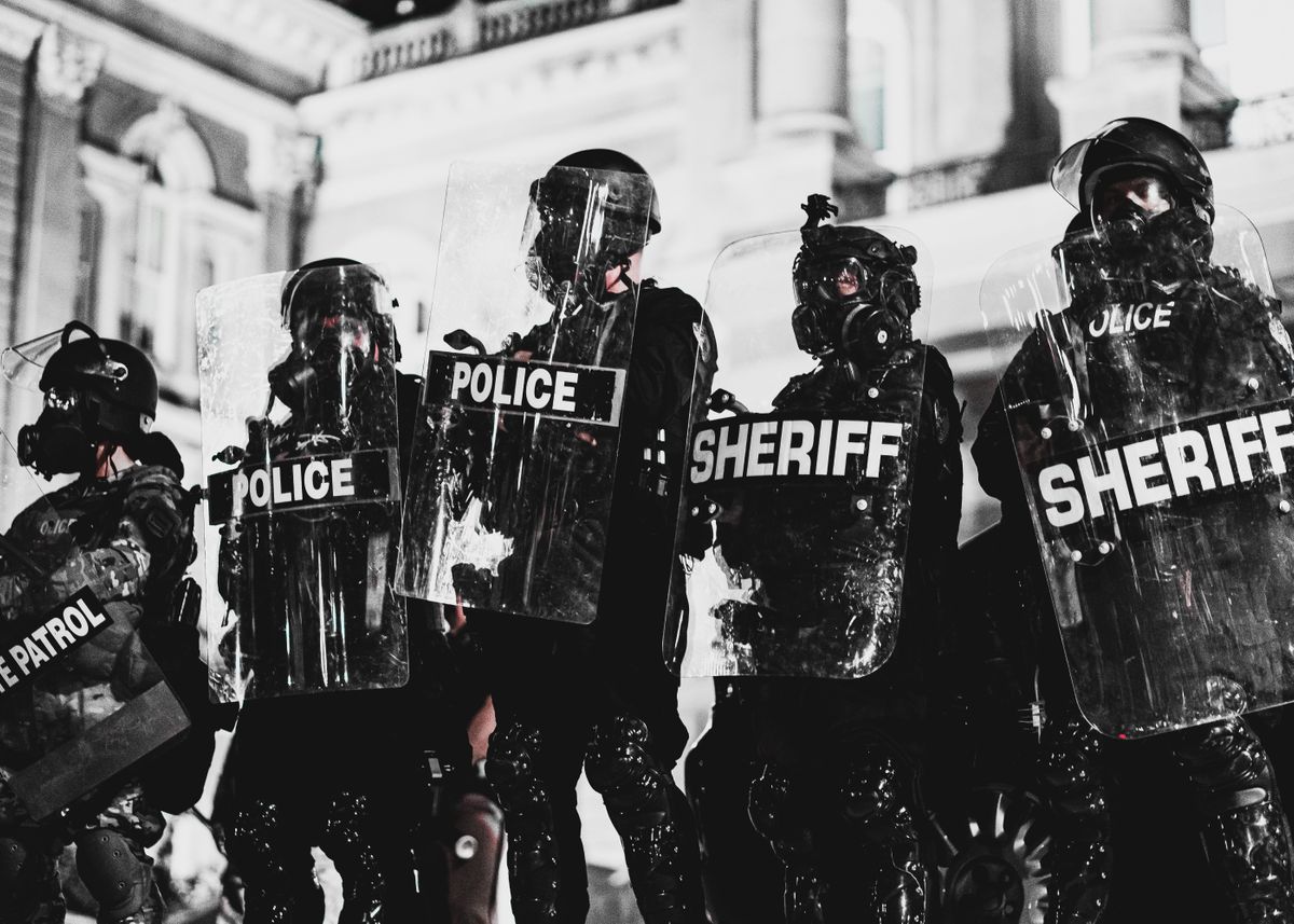 'Riot police in action ' Poster, picture, metal print, paint by Stephen ...