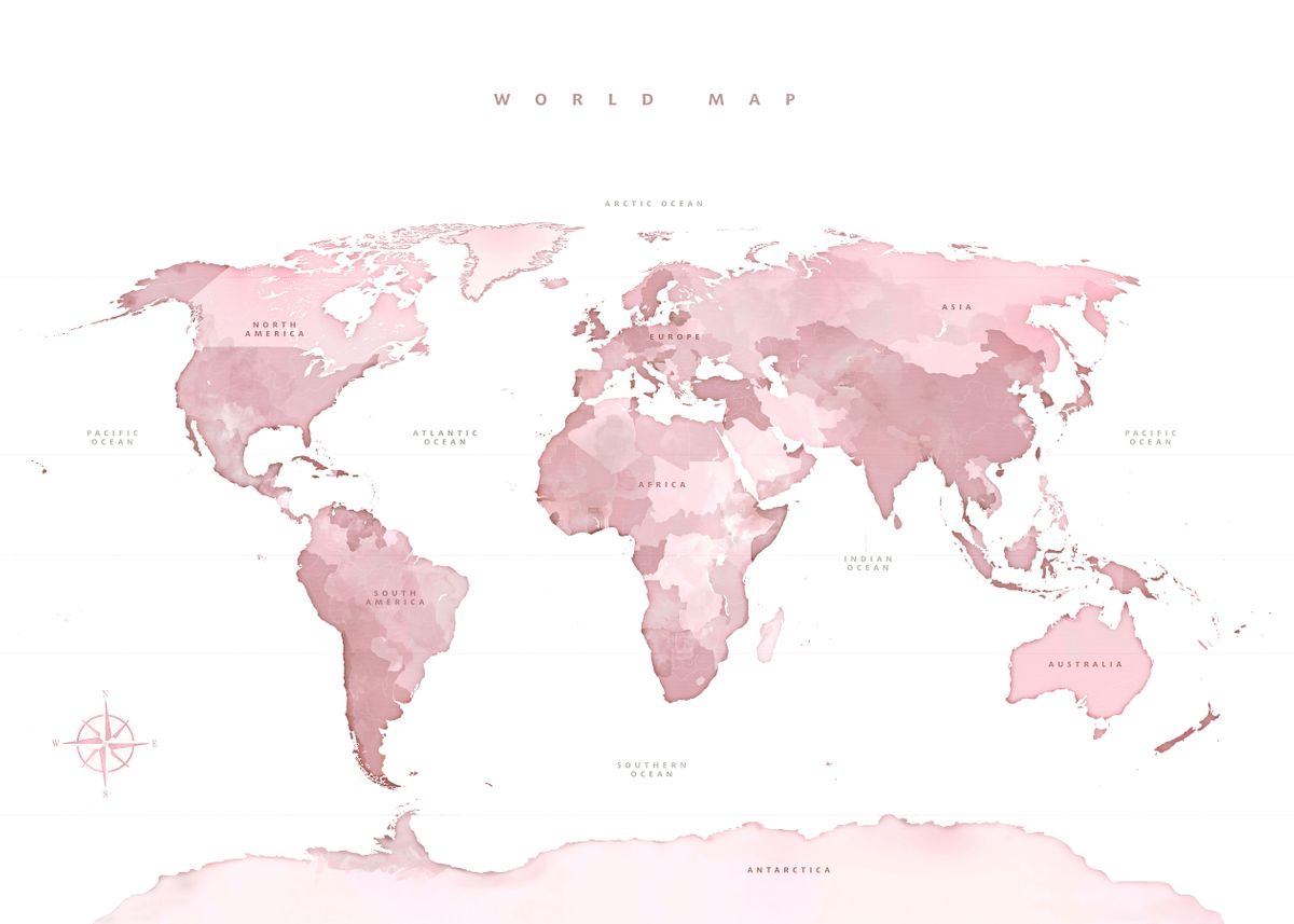 'Pink World Map no418' Poster, picture, metal print, paint by Aga ...