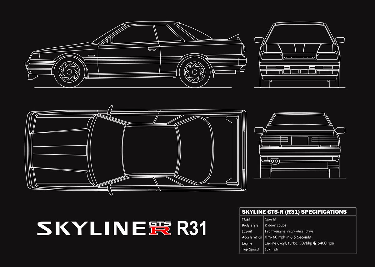 'Skyline R31 Blueprint' Poster, picture, metal print, paint by ...