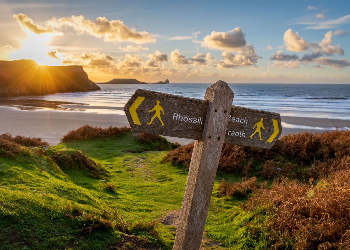 'Beach sign post Rhossili' Poster, picture, metal print, paint by ...