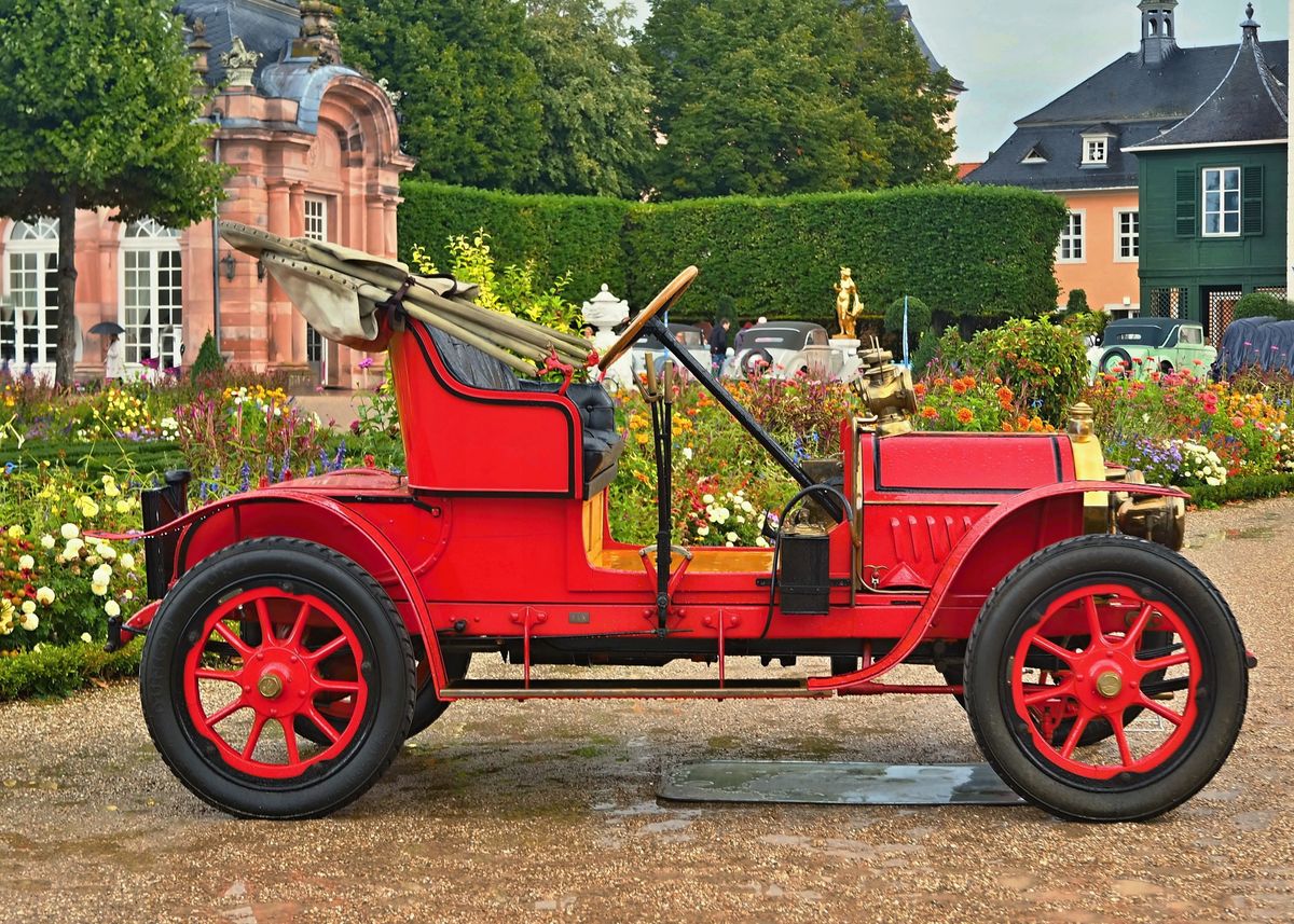 'Red Oldtimer and Castle' Poster, picture, metal print, paint by insideportugal | Displate