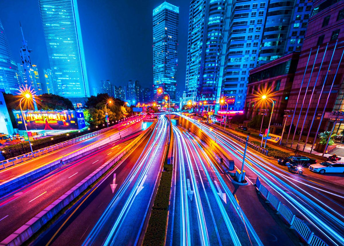 'red and blue city lights' Poster, picture, metal print, paint by Hafis ...