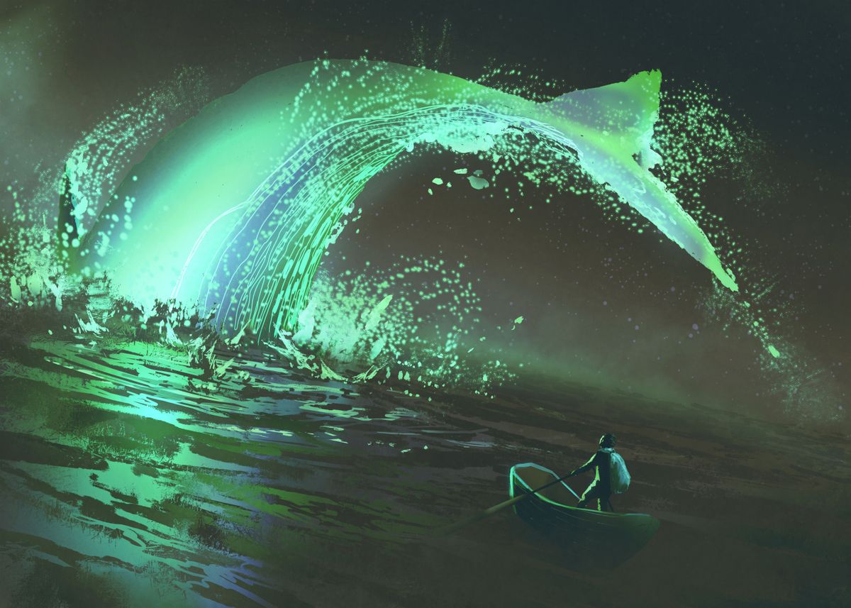 'glowing green whale' Poster, picture, metal print, paint by 80s Retro ...