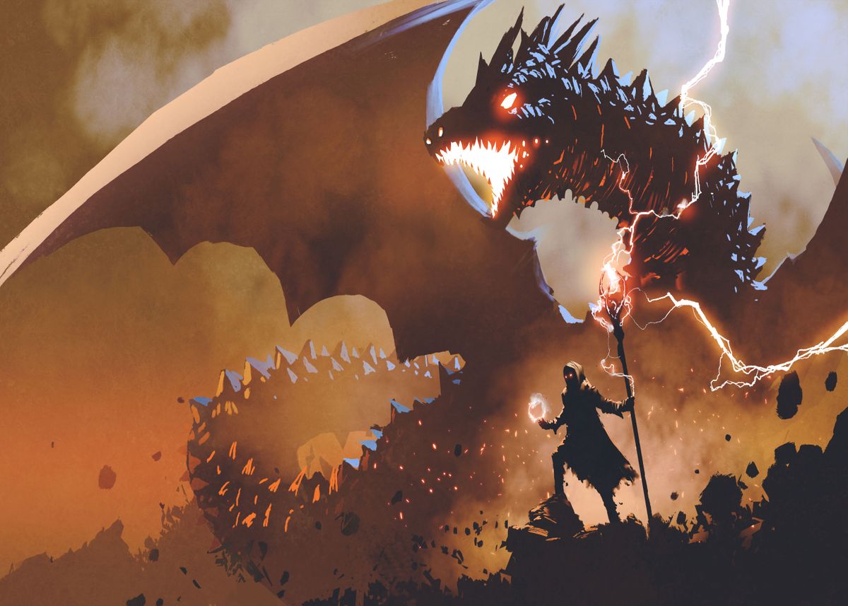 'wizard summon dragon' Poster, picture, metal print, paint by 80s Retro ...