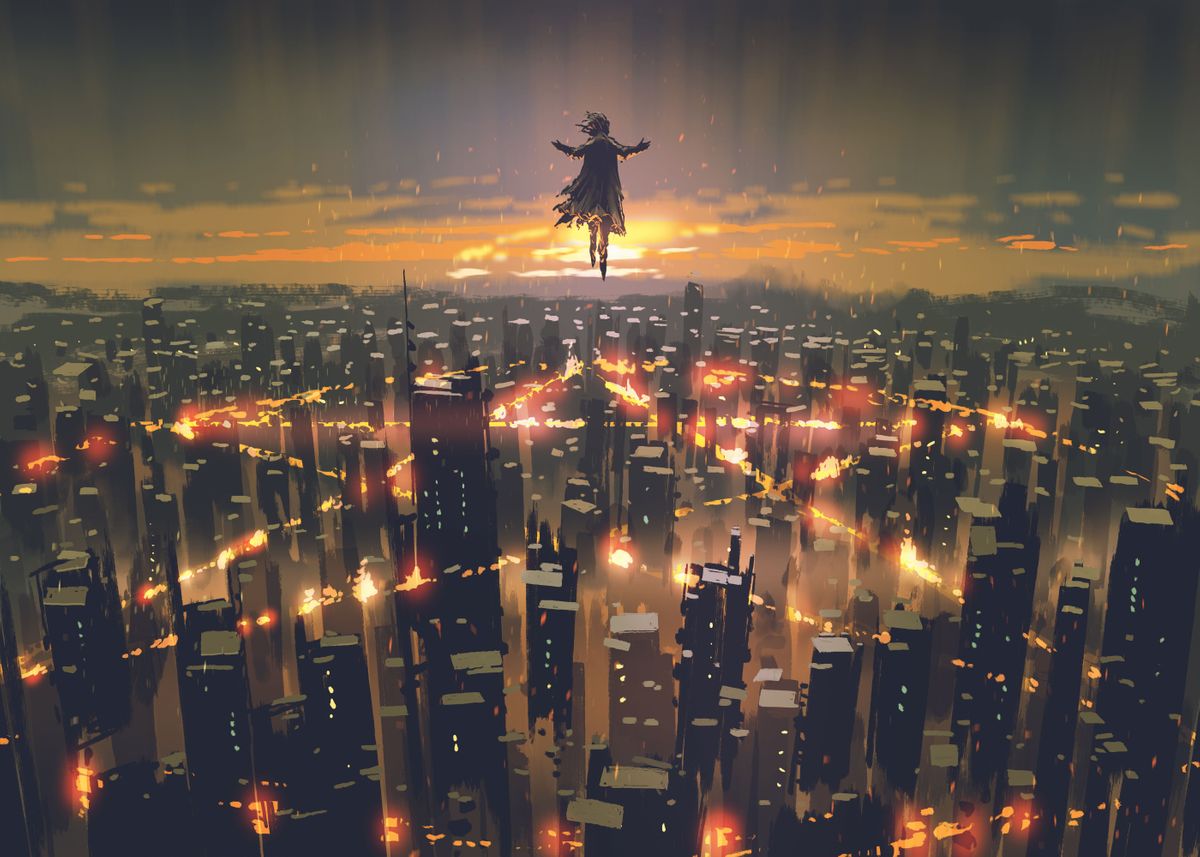 'Man floating in the sky' Poster, picture, metal print, paint by 80s ...