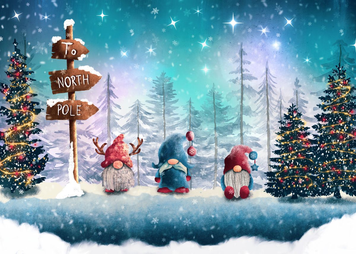 'three gnome and christmas' Poster, picture, metal print, paint by ...