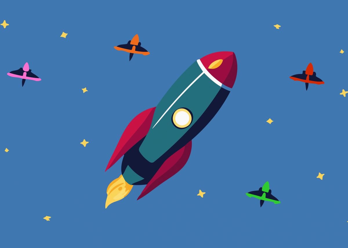 'Rocketship cartoon cute si' Poster, picture, metal print, paint by ...