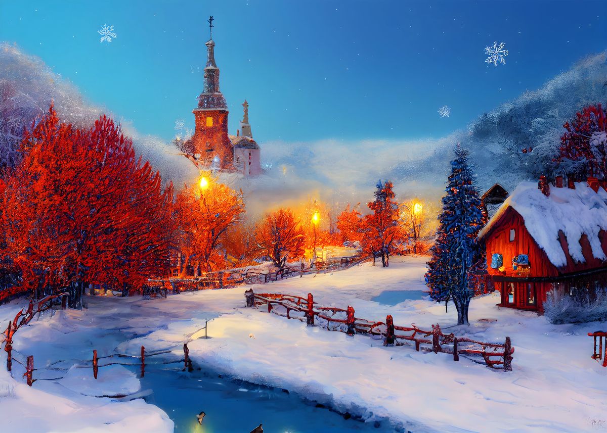 'Winter Village City' Poster, picture, metal print, paint by Max Ronn ...