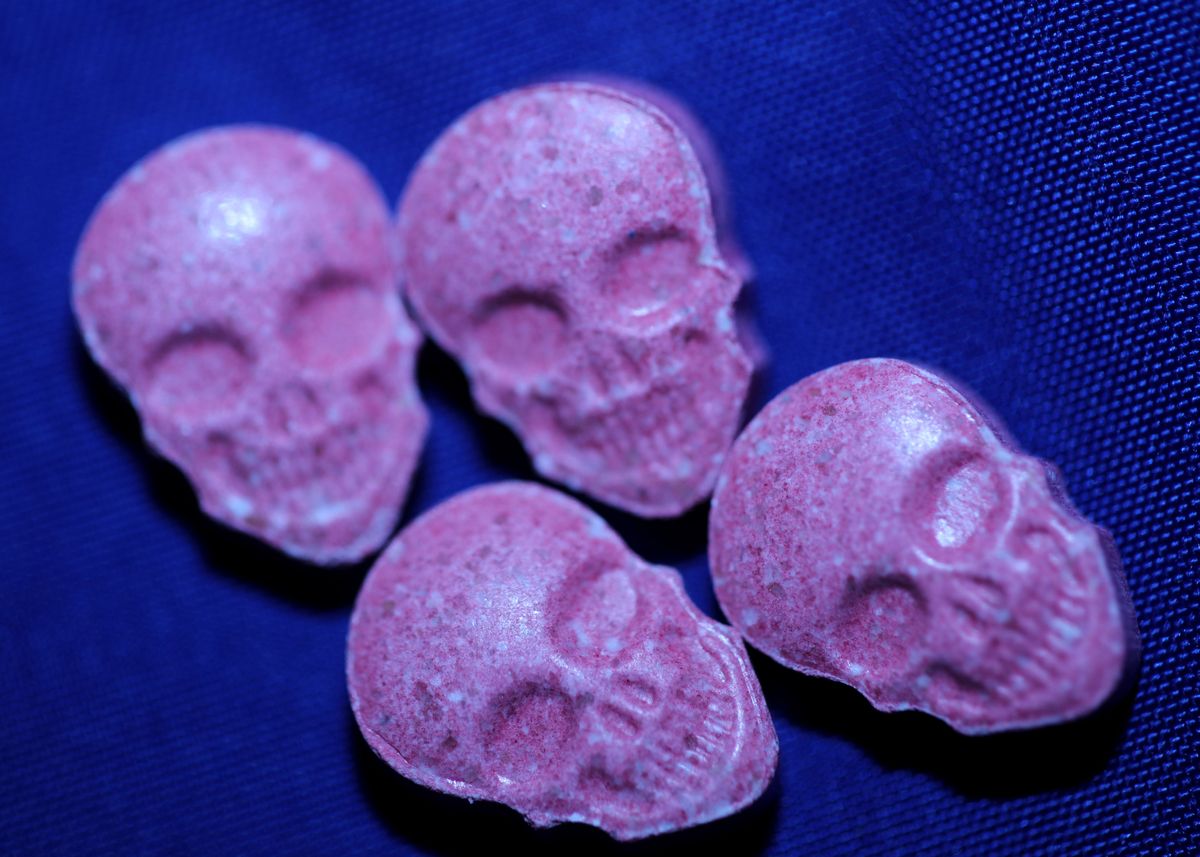 'Skull ecstasy pills macro' Poster, picture, metal print, paint by ...