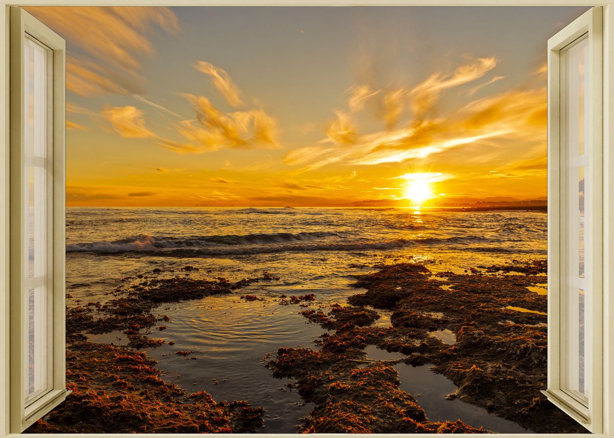 'Open window view sea beach' Poster, picture, metal print, paint by ...