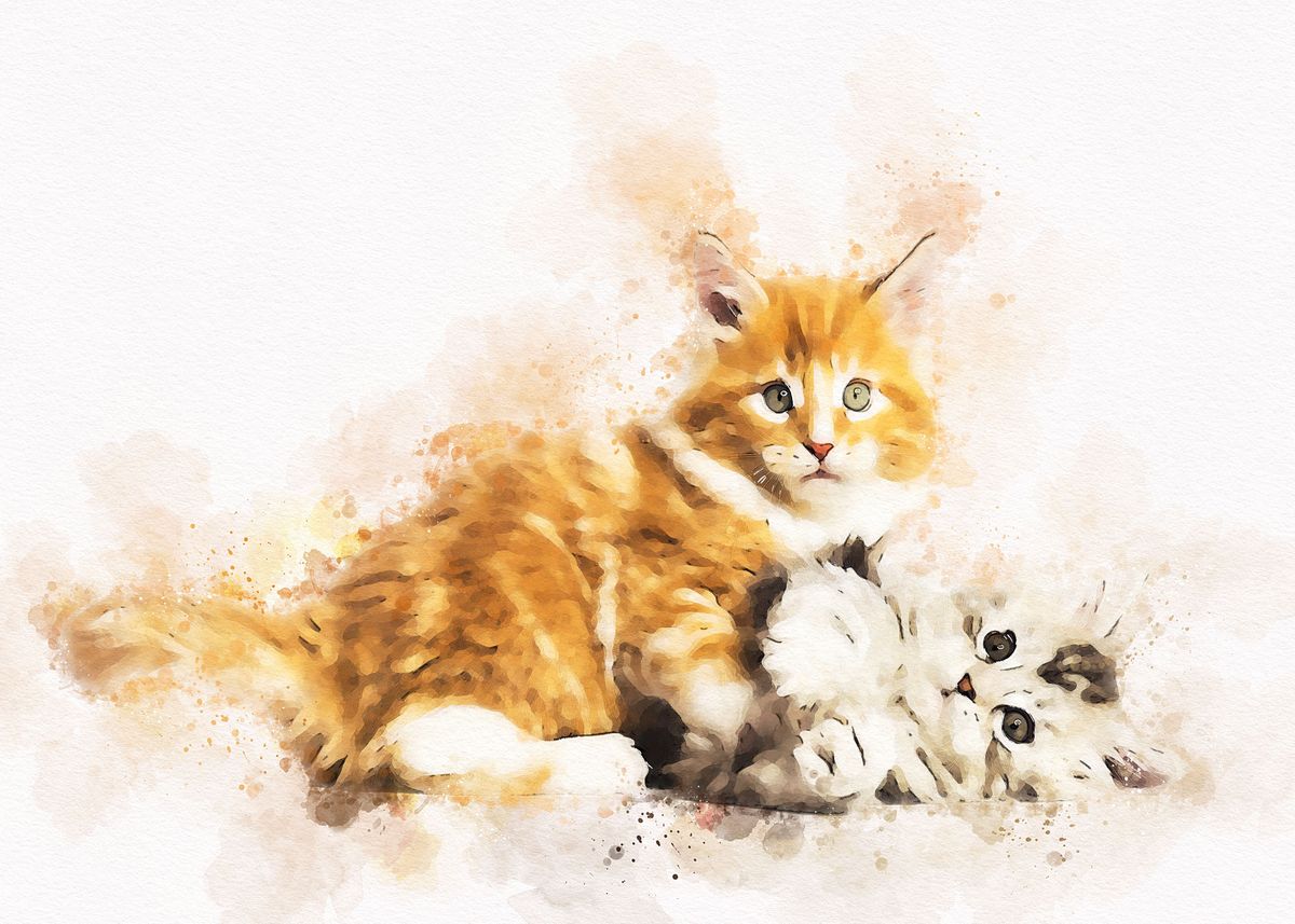 'Cute Cat Watercolor' Poster, picture, metal print, paint by kun bin ...