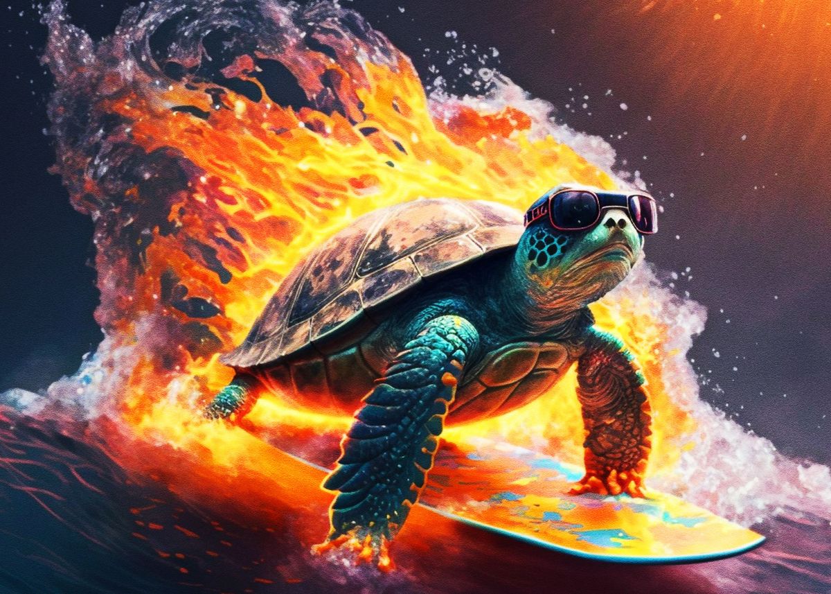 'Turtle Surfing' Poster, picture, metal print, paint by Coffee Design ...