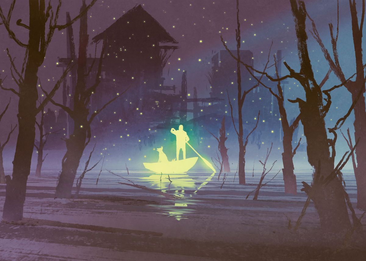 'glowing man and dog rowing' Poster, picture, metal print, paint by ...