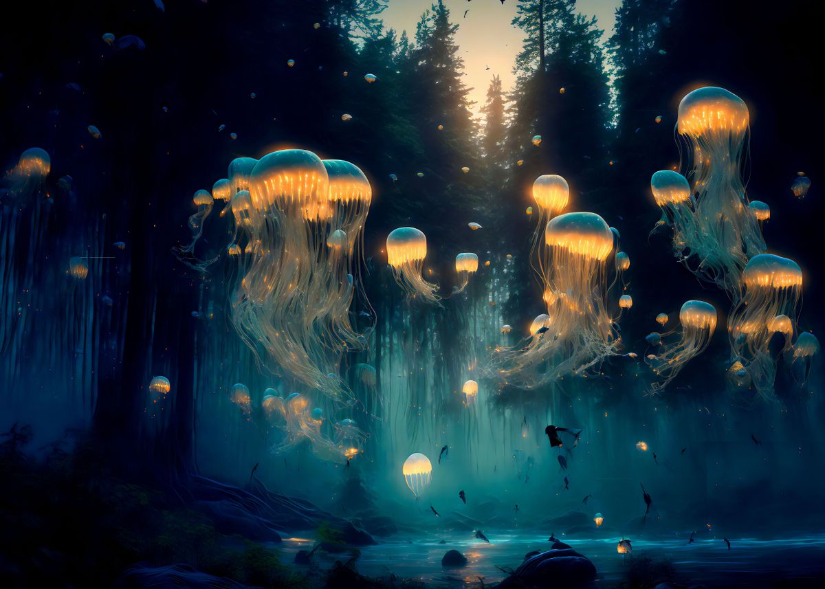 'luminous jellyfish forest' Poster, picture, metal print, paint by ...