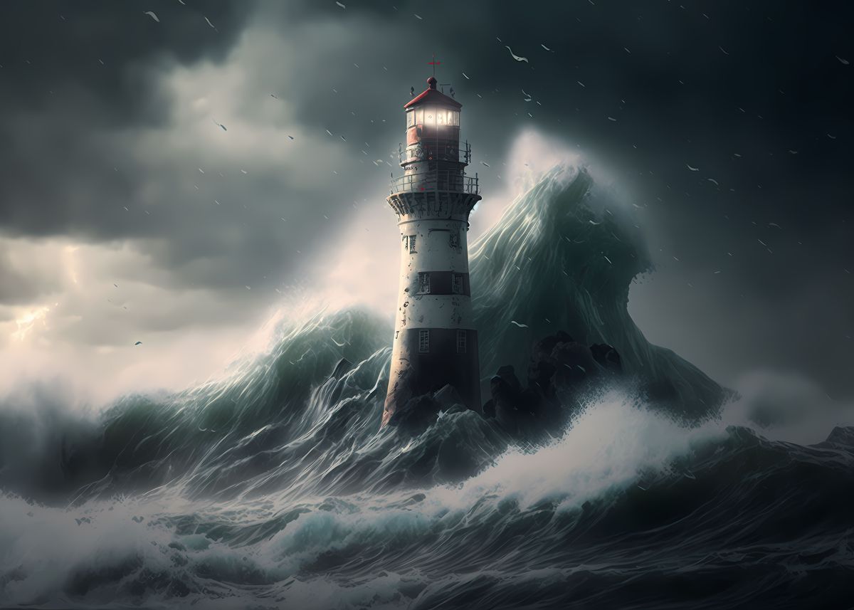 'Lighthouse huge storm' Poster, picture, metal print, paint by ...