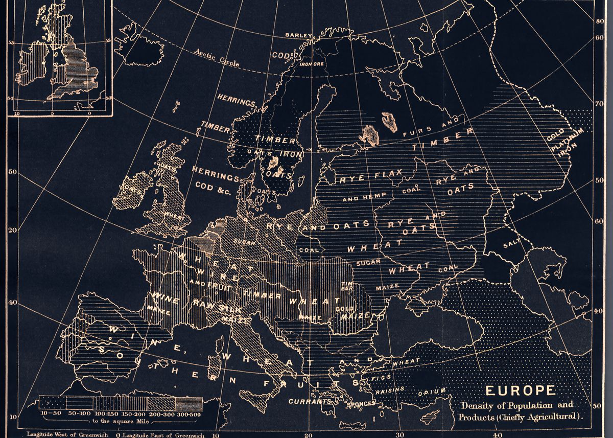 'Europe vintage glowing map' Poster, picture, metal print, paint by ...
