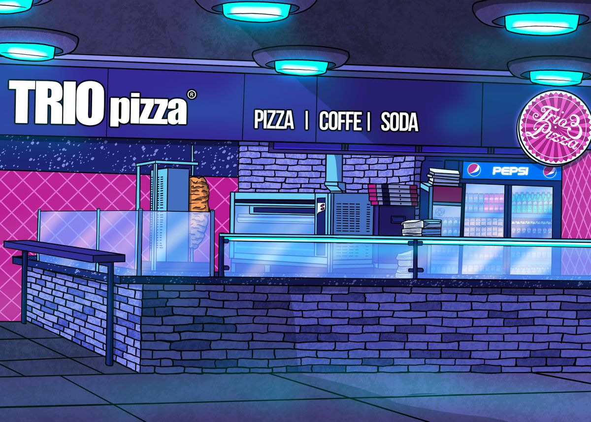 'Trio Pizza at Midnight' Poster, picture, metal print, paint by Fat Rat ...