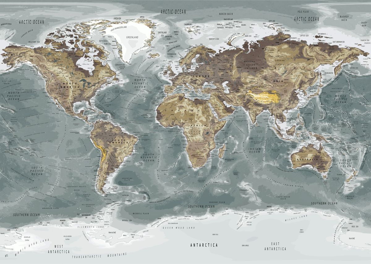 'Physical World Map' Poster, picture, metal print, paint by Sam Kal ...