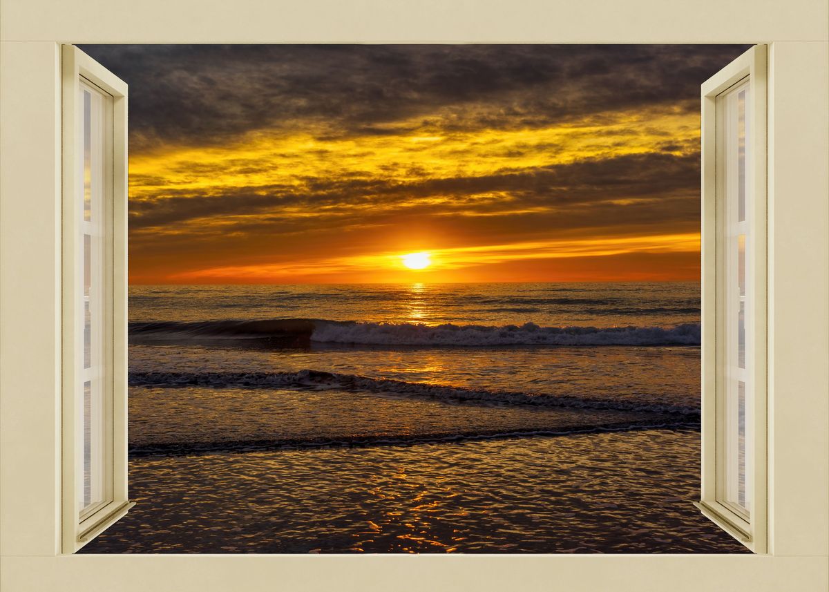 'Open window view sea beach' Poster, picture, metal print, paint by ...