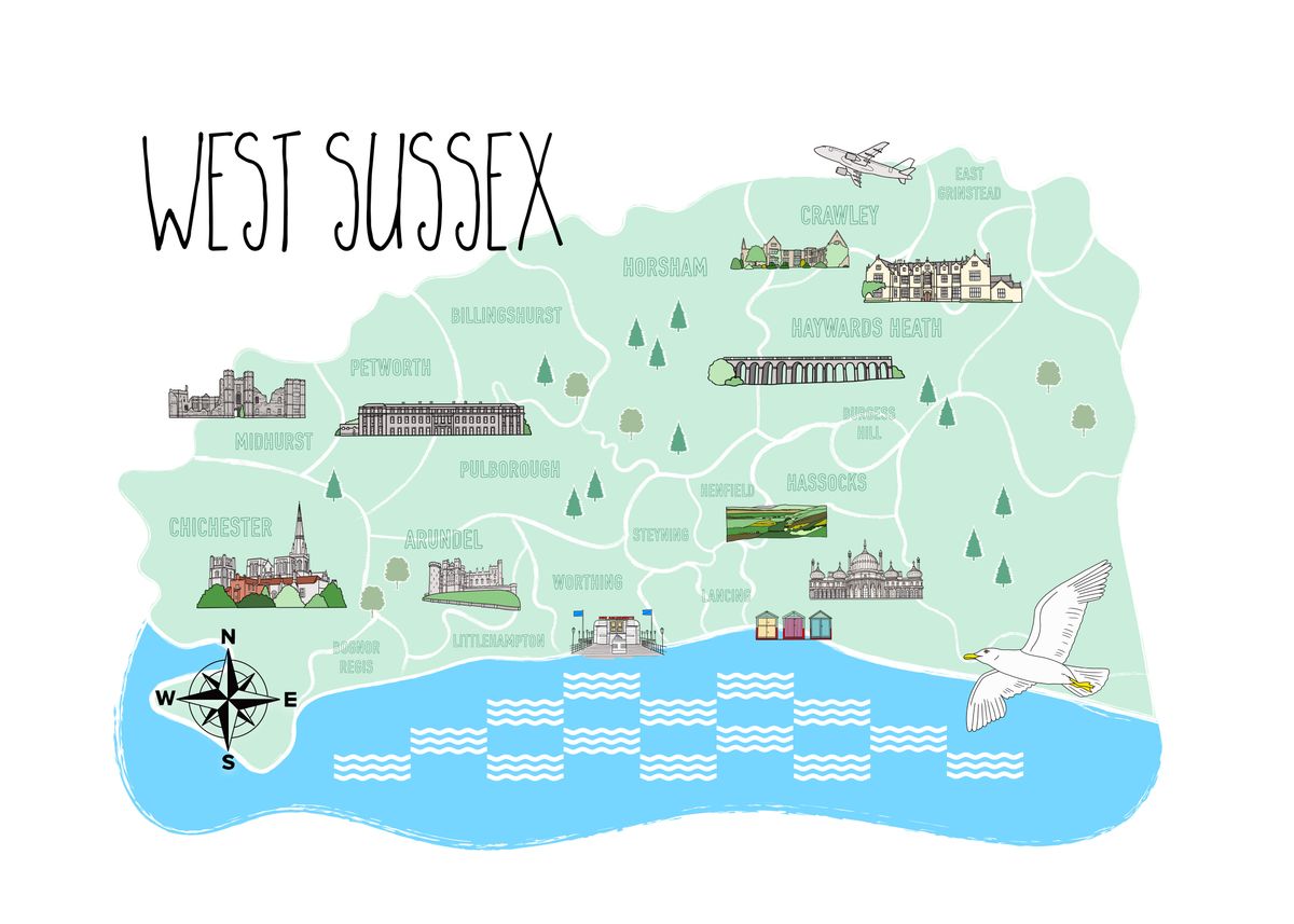 'West Sussex UK Map' Poster, picture, metal print, paint by Adam ...