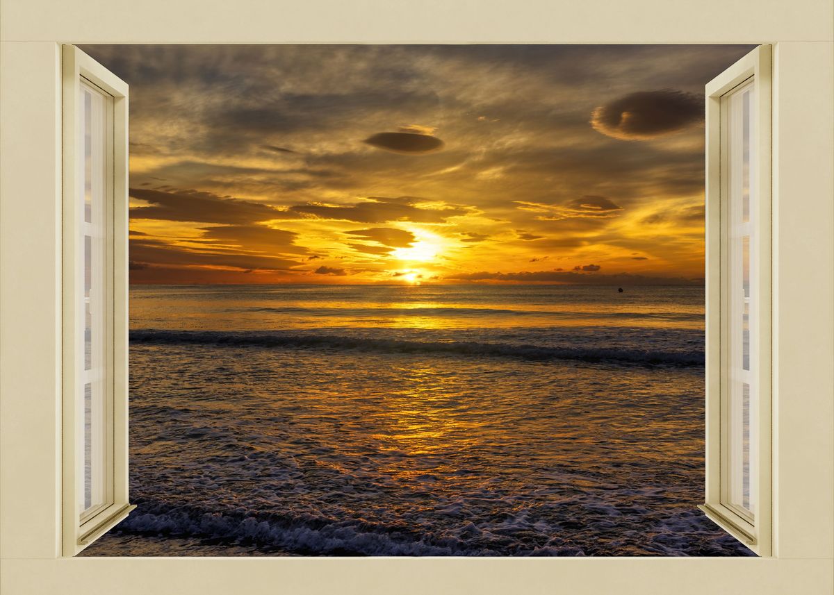 'Open window view sea beach' Poster, picture, metal print, paint by ...