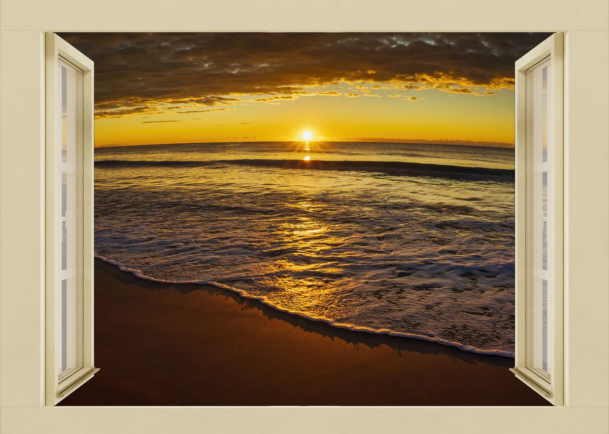 'Open window view sea beach' Poster, picture, metal print, paint by ...