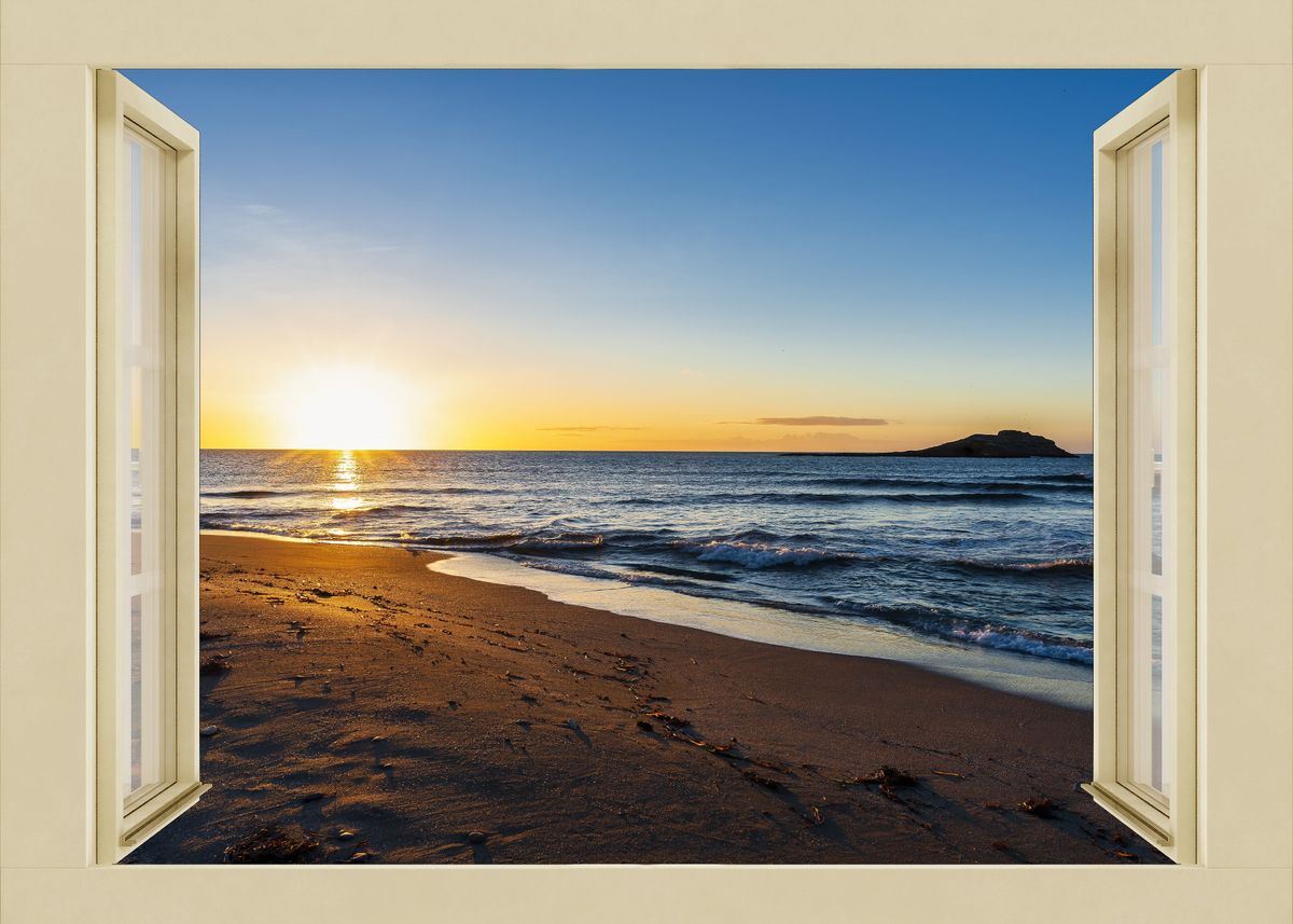 'Open window view sea beach' Poster, picture, metal print, paint by ...