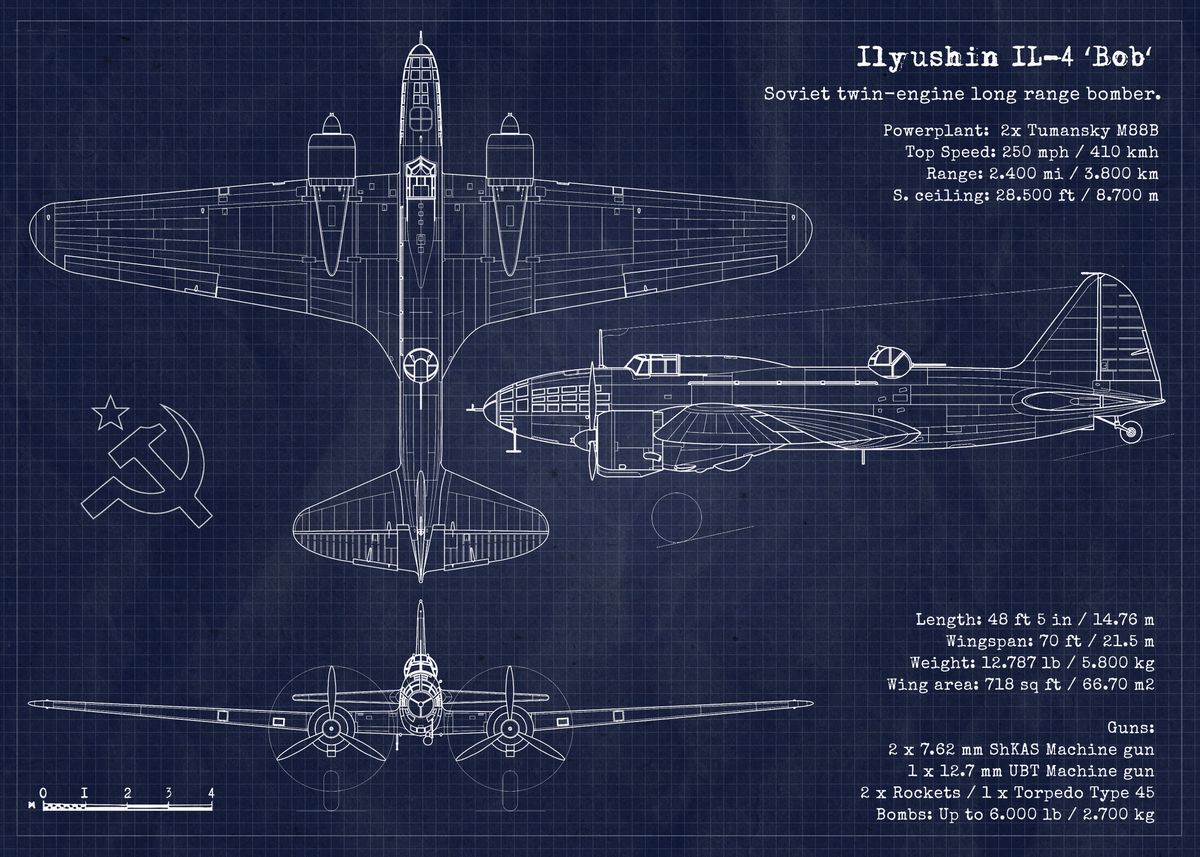 'Ilyushin IL4 Blueprint' Poster, picture, metal print, paint by ...