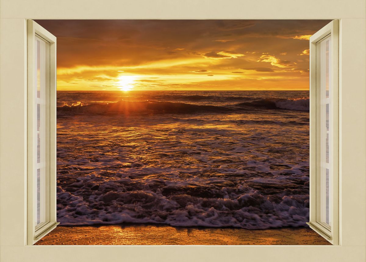 'Open window view sea beach' Poster, picture, metal print, paint by ...
