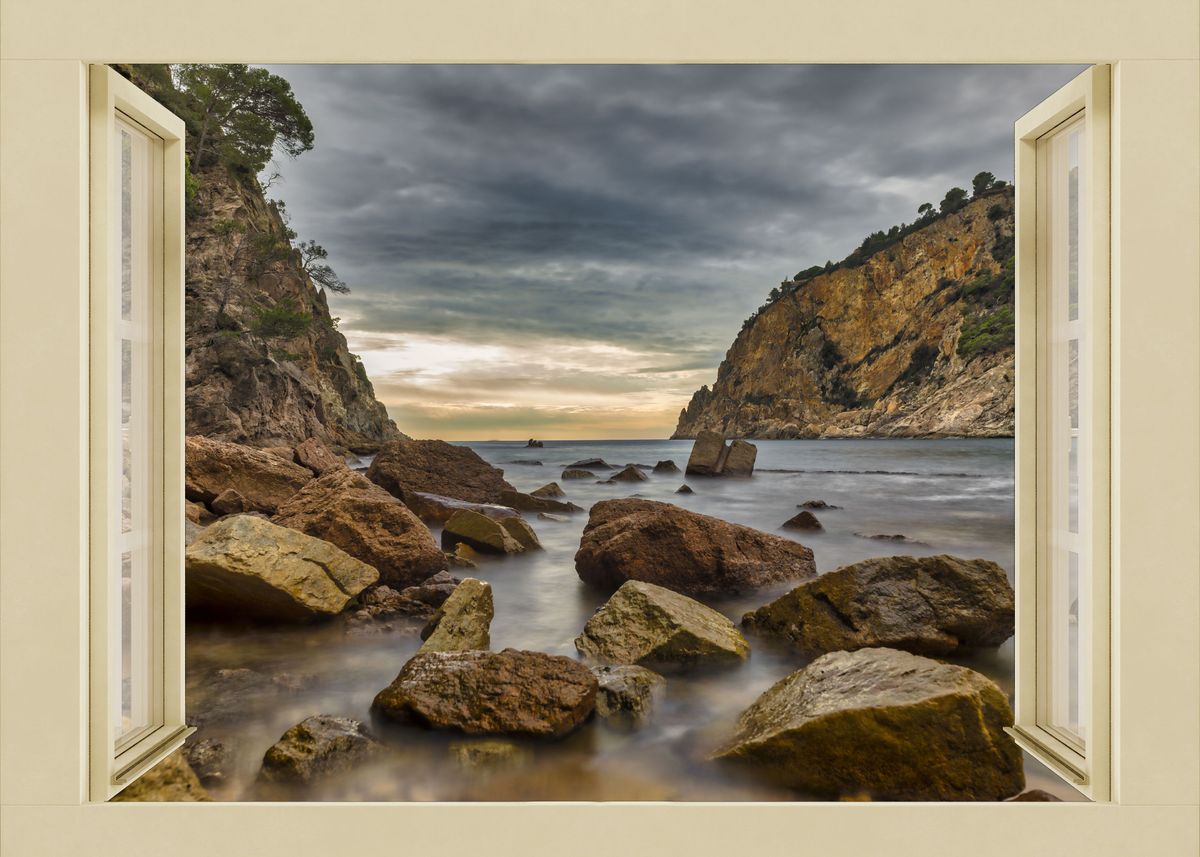'Open window view sea beach' Poster, picture, metal print, paint by ...