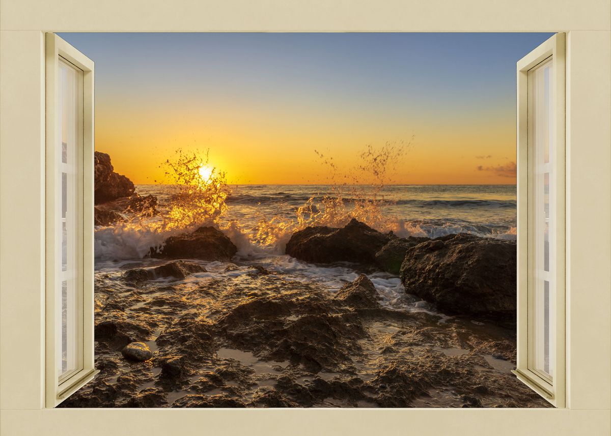 'Open window view sea beach' Poster, picture, metal print, paint by ...