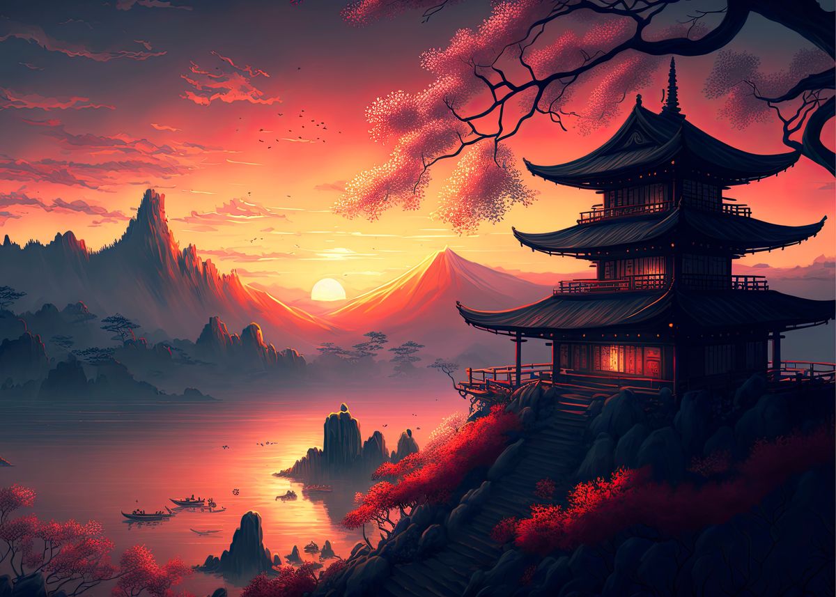 'Japanese Castle Sunset 02' Poster, picture, metal print, paint by ...
