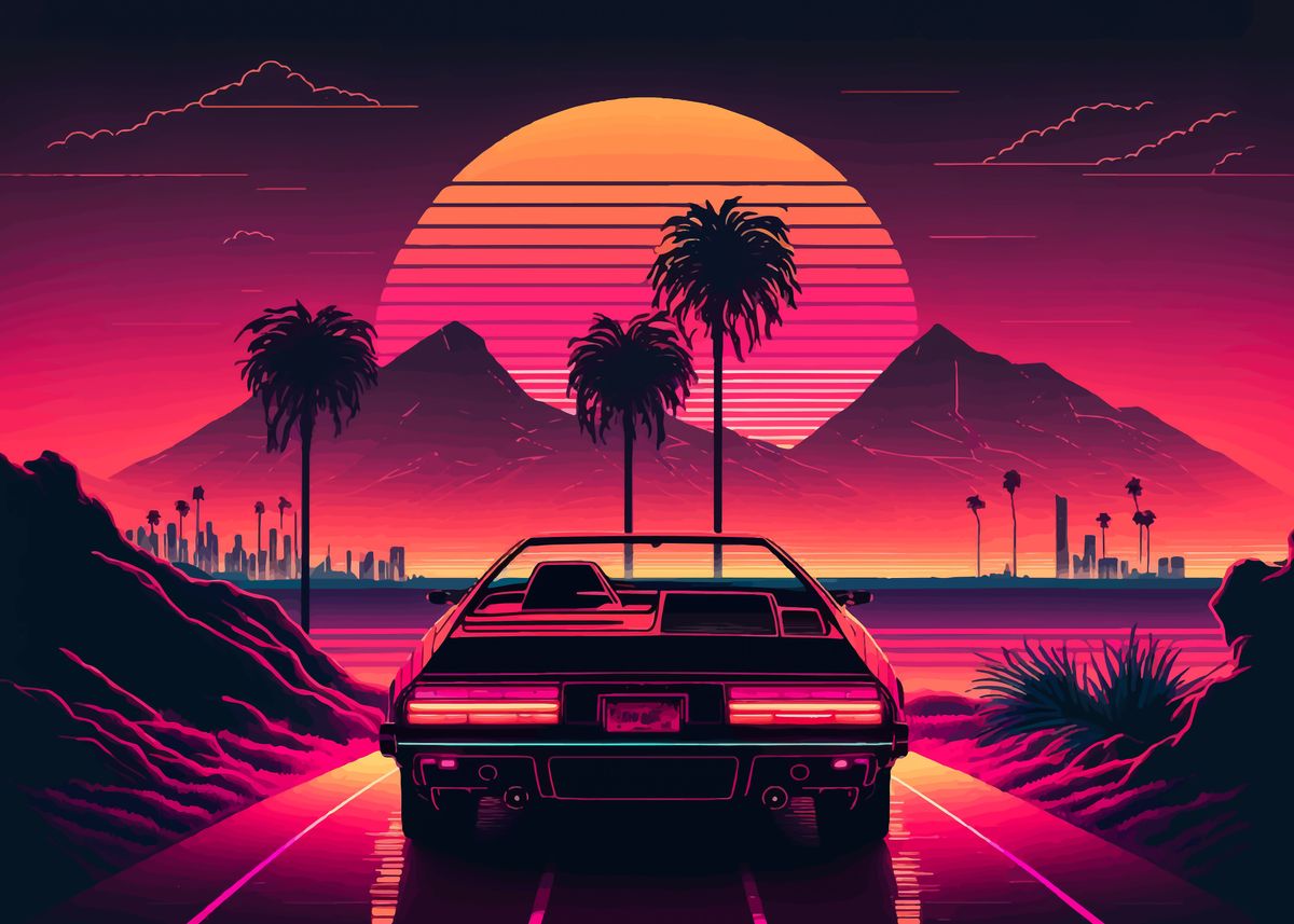 'Palm tree neon retro' Poster, picture, metal print, paint by ...