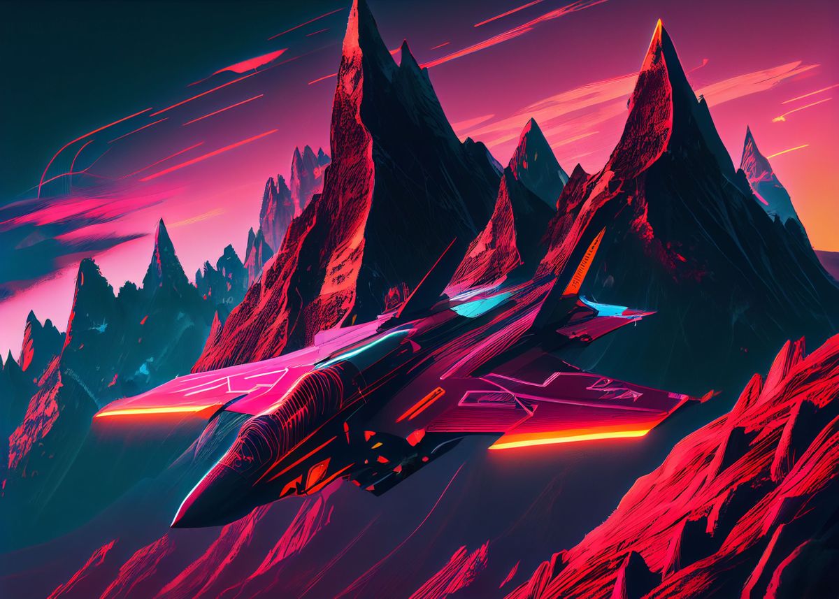 'Synthwave Fighting Jet 51' Poster, picture, metal print, paint by ...