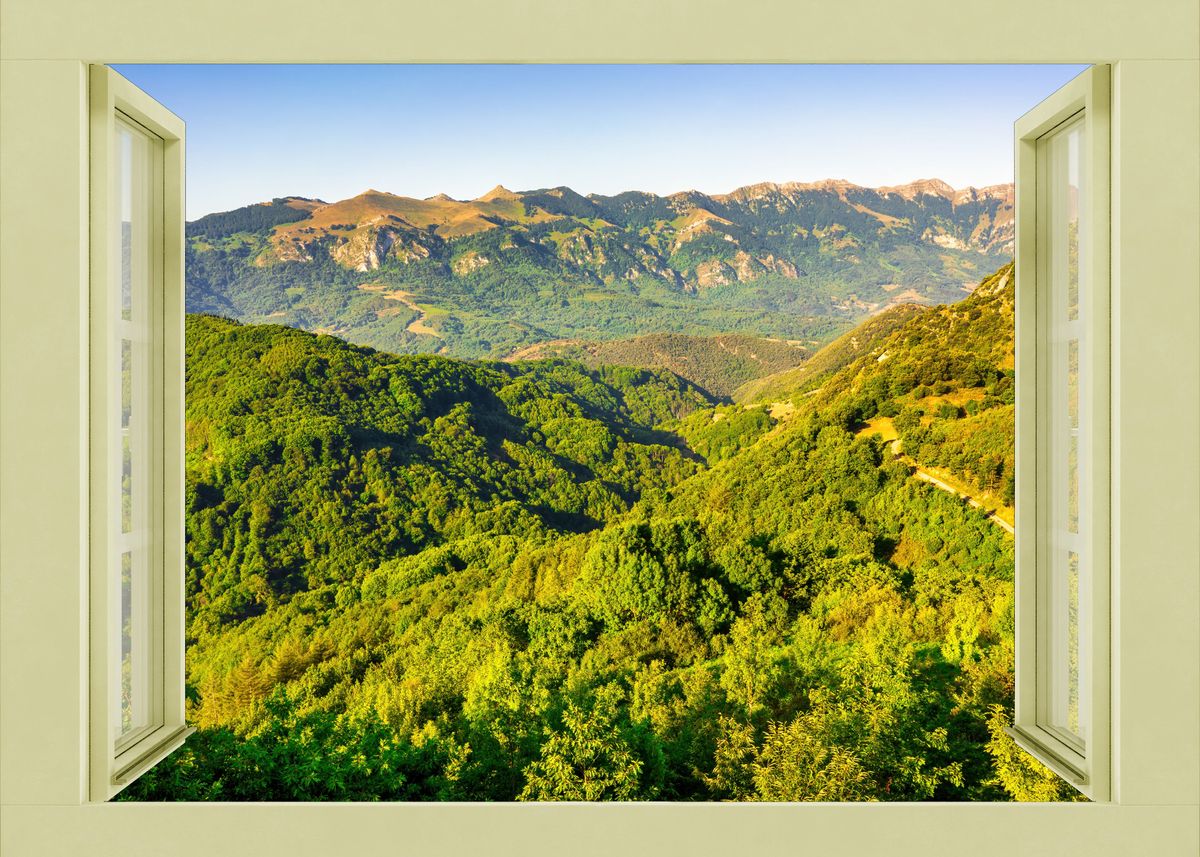 'Open window view mountain' Poster, picture, metal print, paint by ...