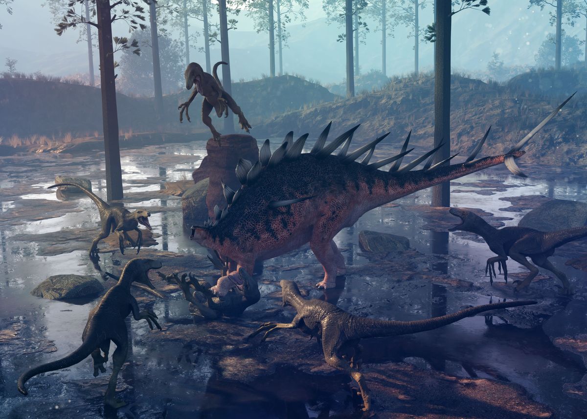 'Raptor hunting Stegosaurus' Poster, picture, metal print, paint by ...