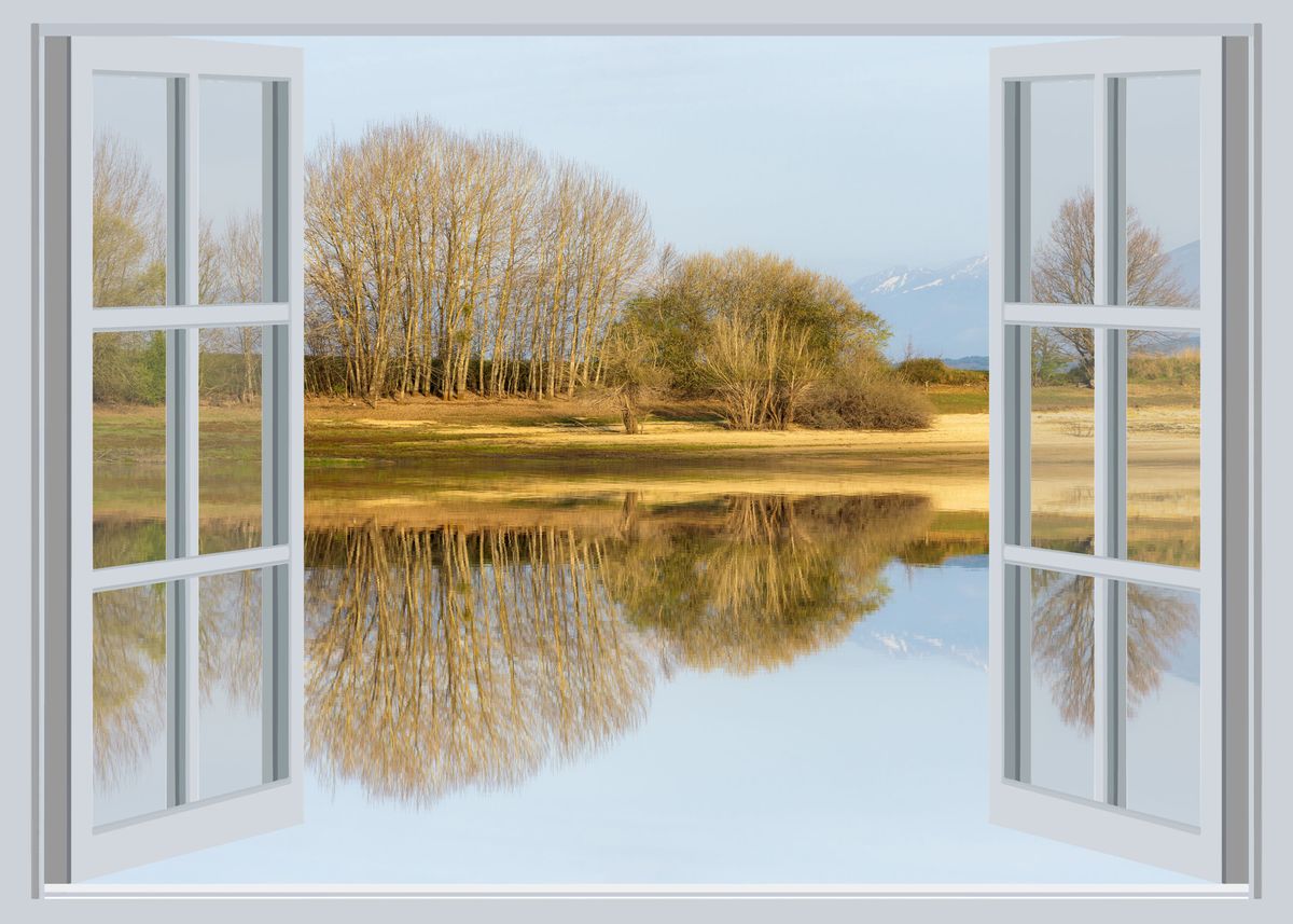 'Open window landscape lake' Poster, picture, metal print, paint by ...
