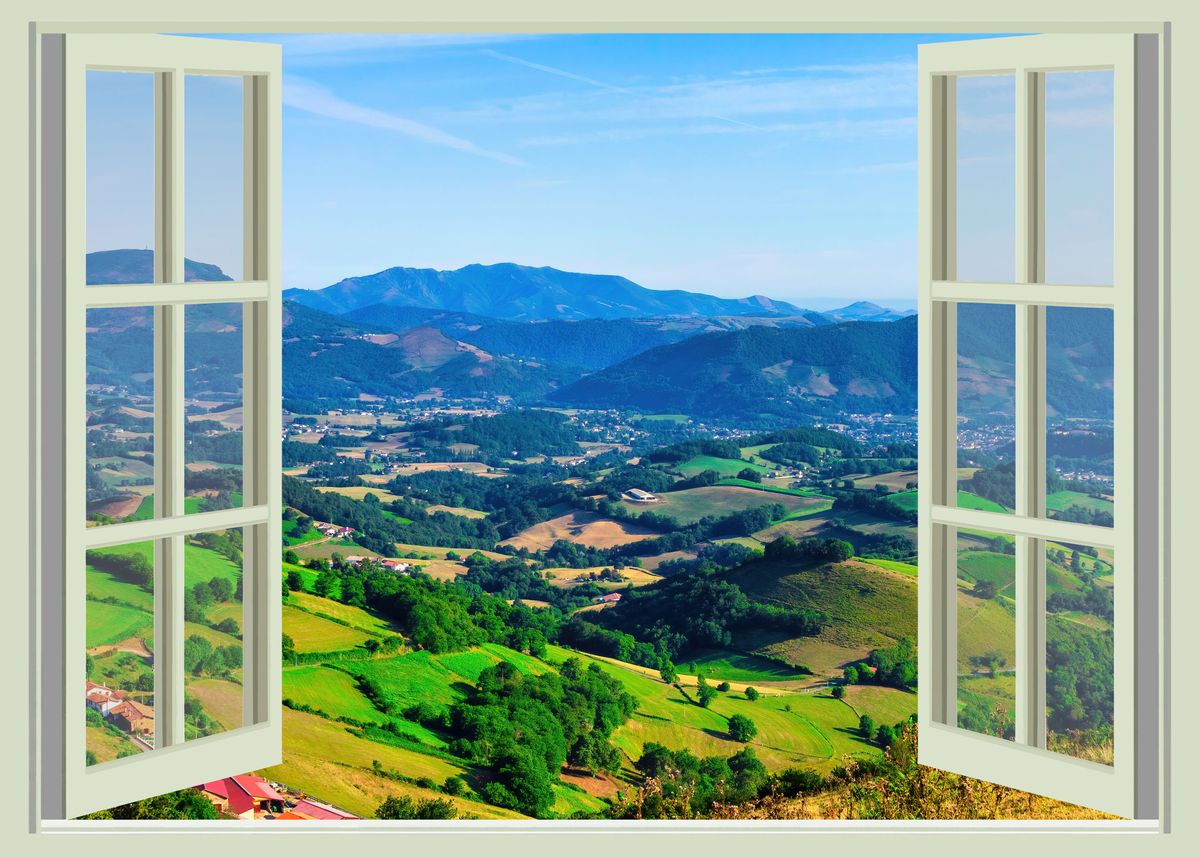 'Open window view mountain' Poster, picture, metal print, paint by ...