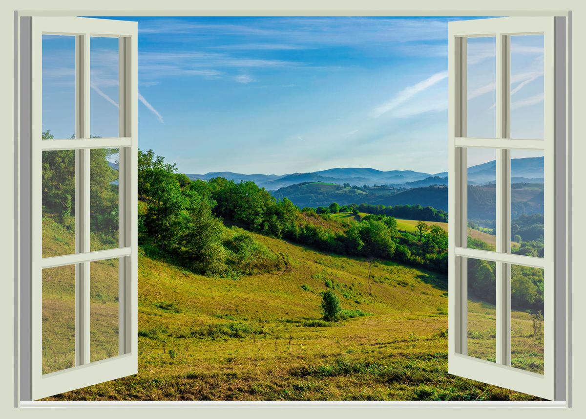 'Open window view mountain' Poster, picture, metal print, paint by ...