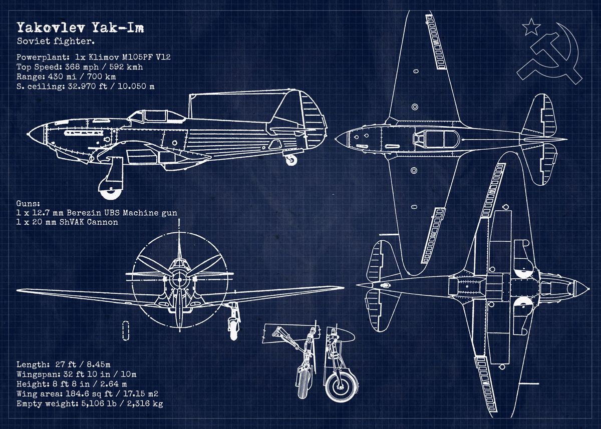 'Yakovlev Yak1M Blueprint' Poster, picture, metal print, paint by ...
