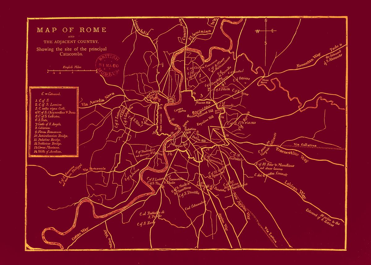 'Rome Vintage red old map' Poster, picture, metal print, paint by Vardi ...