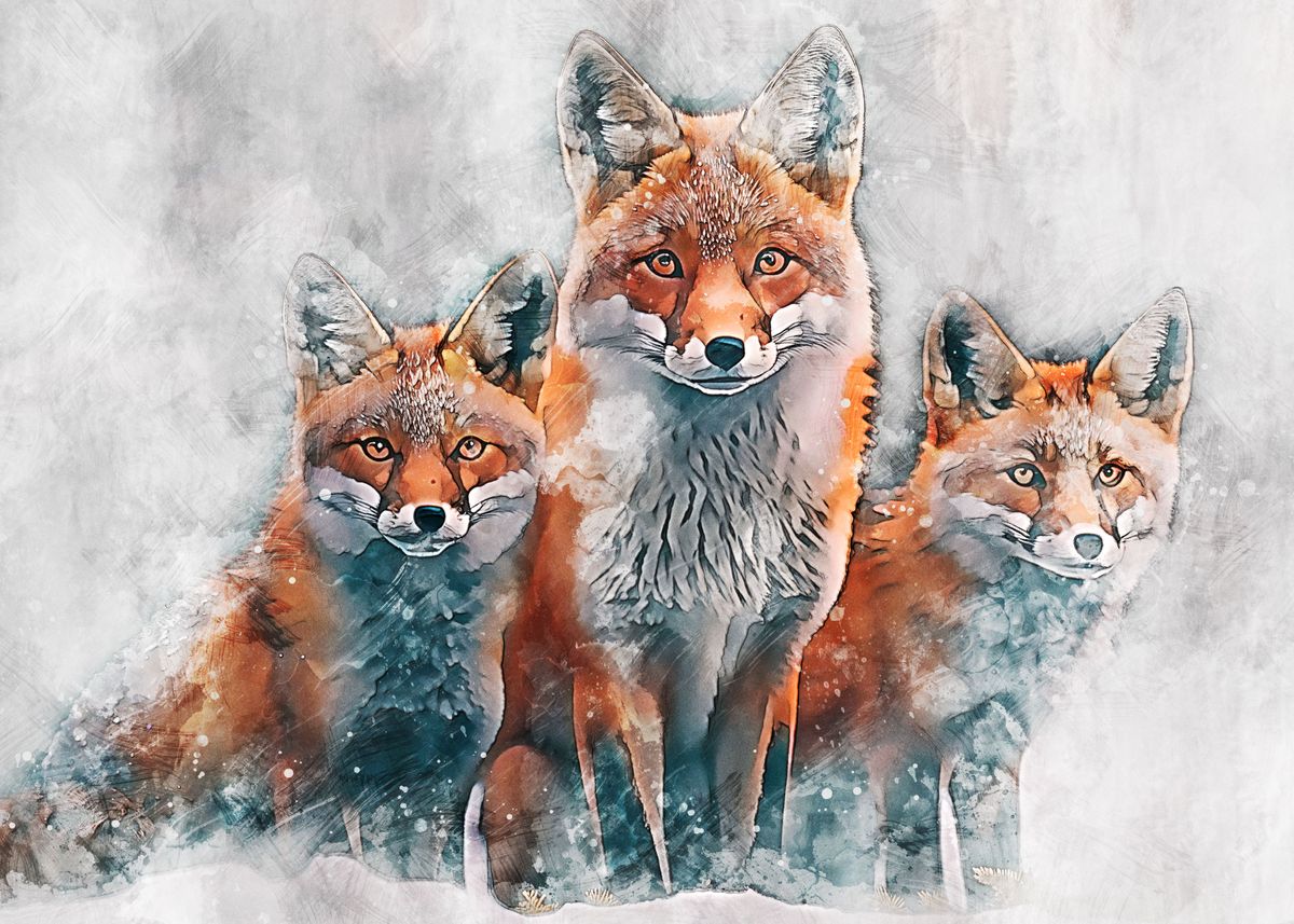 'Foxes' Poster, picture, metal print, paint by Mateusz Ślemp | Displate