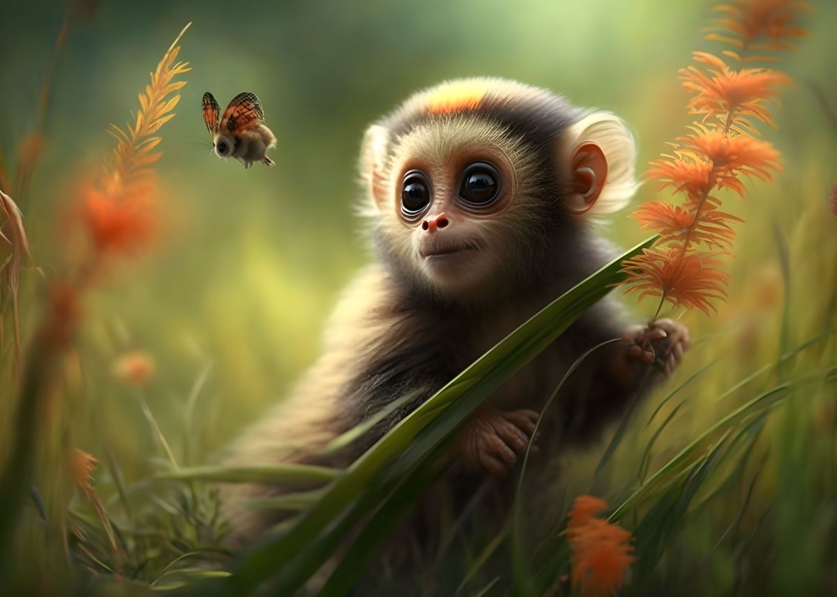 'monkey and bee' Poster, picture, metal print, paint by Mizz141 | Displate