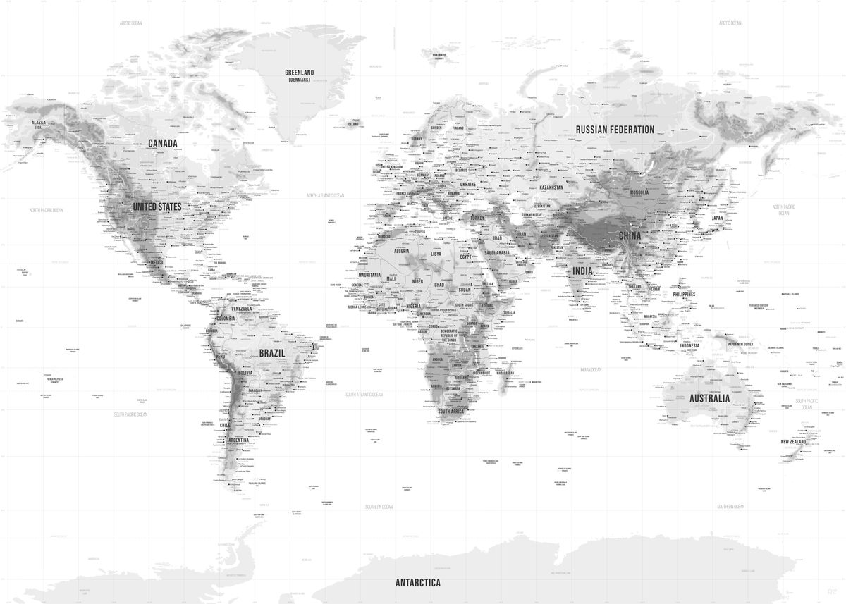 'White Topography World Map' Poster, picture, metal print, paint by Alo ...