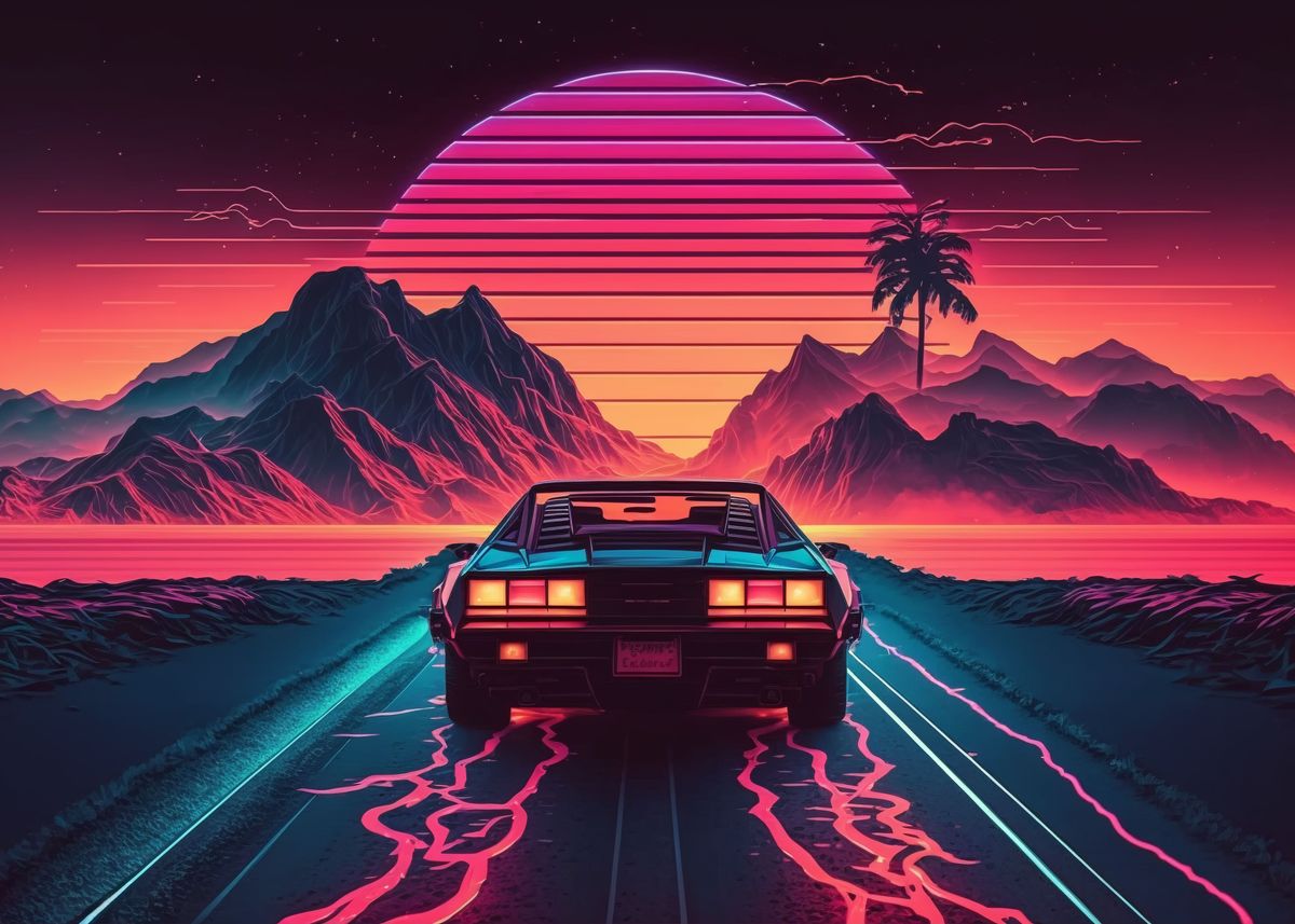'Synthwave Car Sunset' Poster, picture, metal print, paint by ...