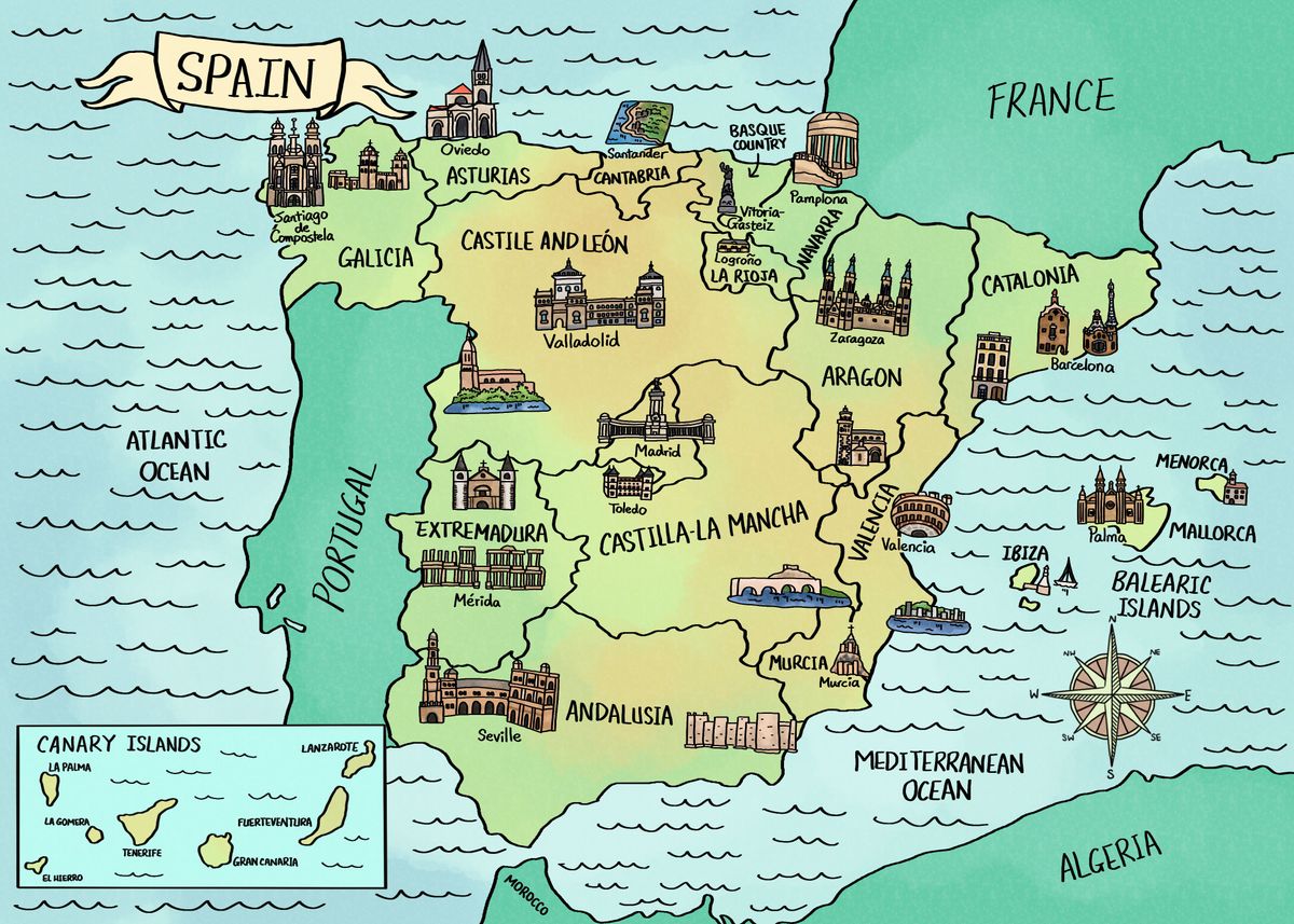 'Watercolor Map of Spain' Poster, picture, metal print, paint by ...
